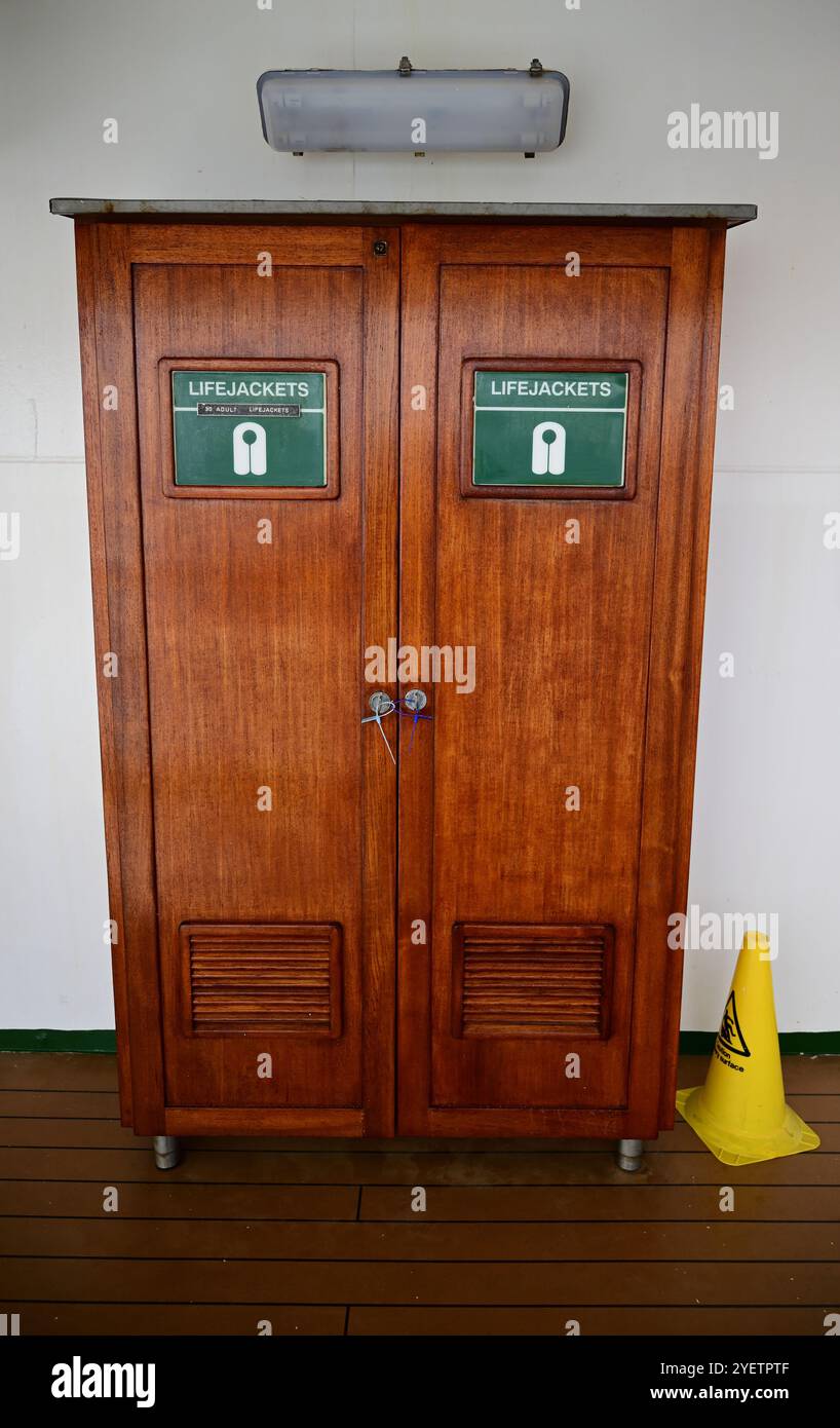 Lifejacket storage cupboards on the promenade deck of a P&O cruise ship ...