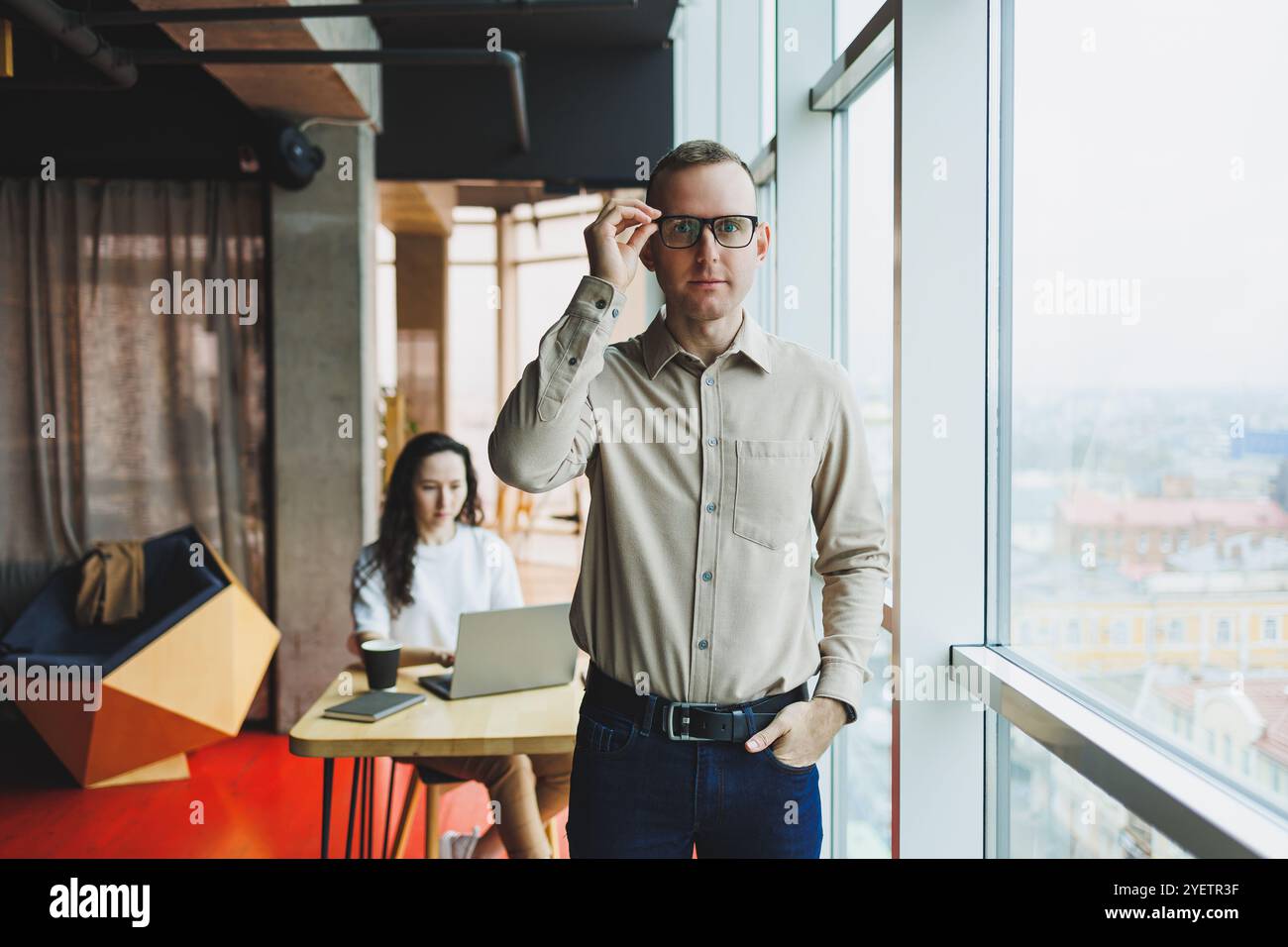 Handsome business man, boss assistant, young woman, two partners ...