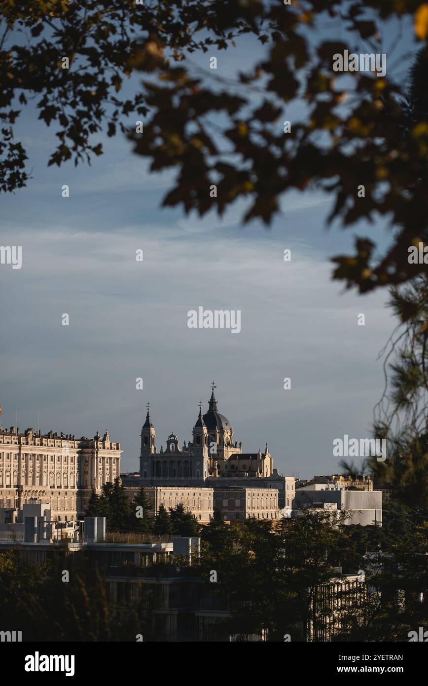 AAlmudena Cathedral and Royal Madrid Palace panoramic view at sunset ...