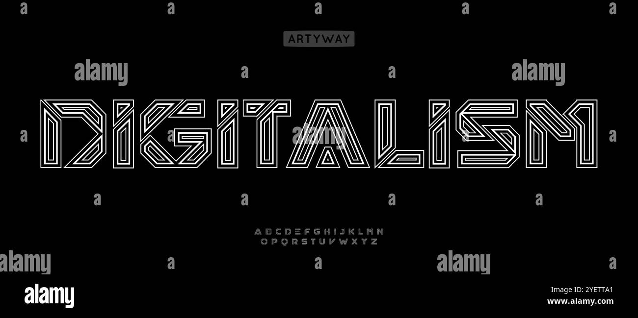 Futuristic runic alphabet, outlined geometric letters, intricate ...