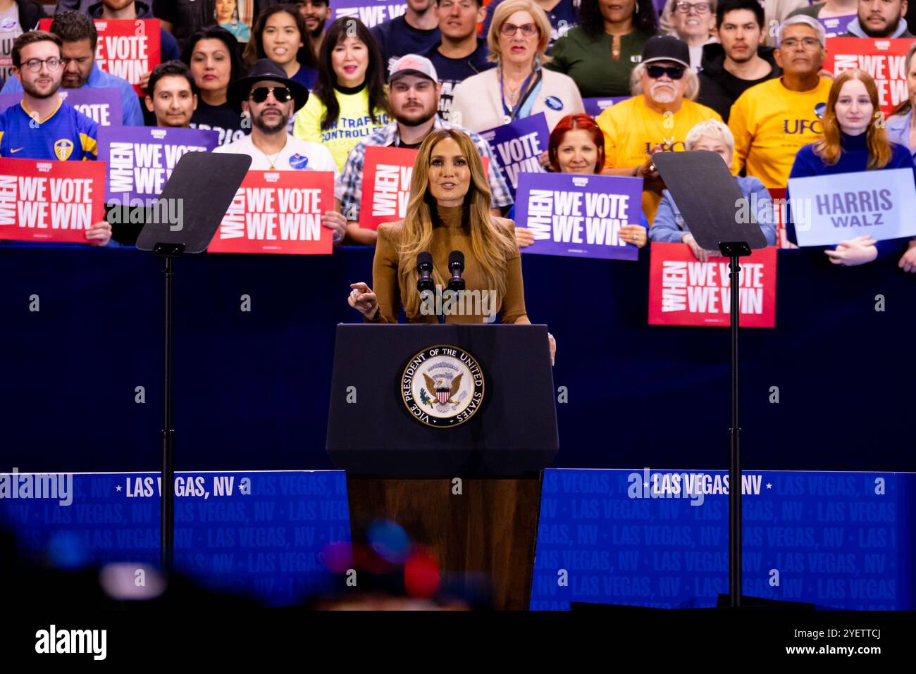 Las Vegas, USA. 31st Oct, 2024. Jennifer Lopez speaks during a campaign ...