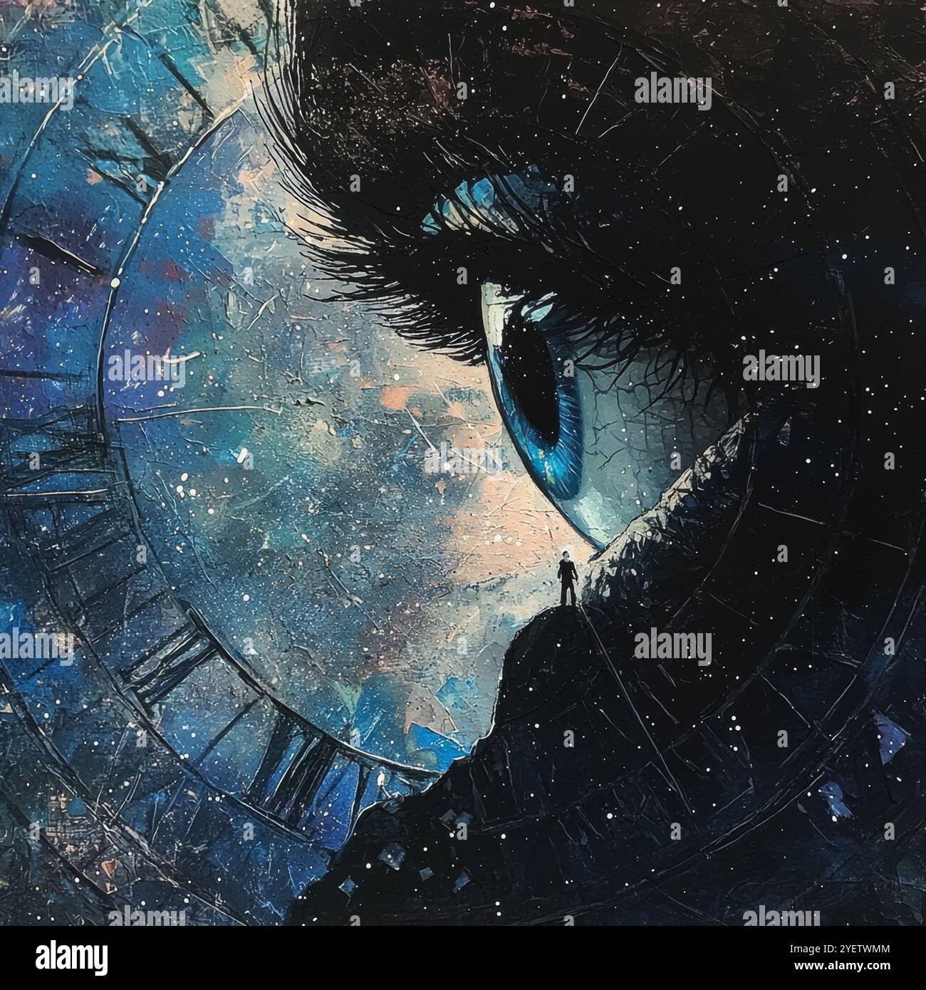Surreal cosmic scene with eye clock and man on mountain peak. A Journey ...