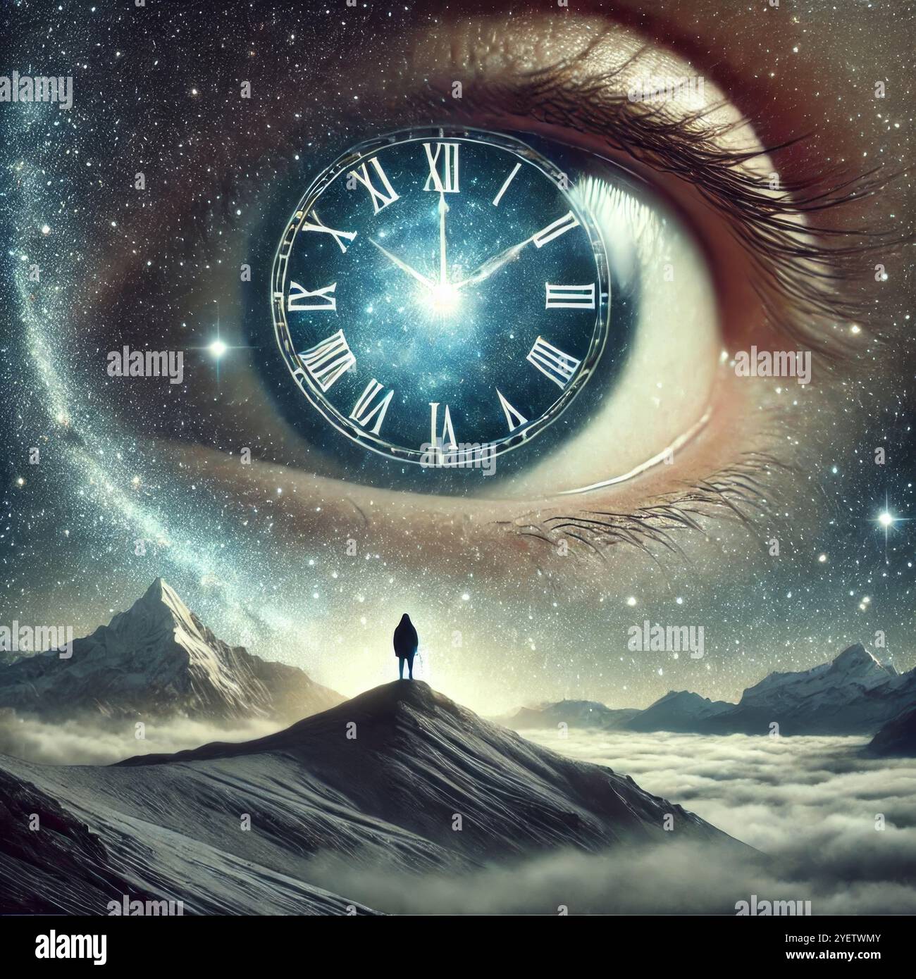 Surreal cosmic scene with eye clock and man on mountain peak. A Journey ...