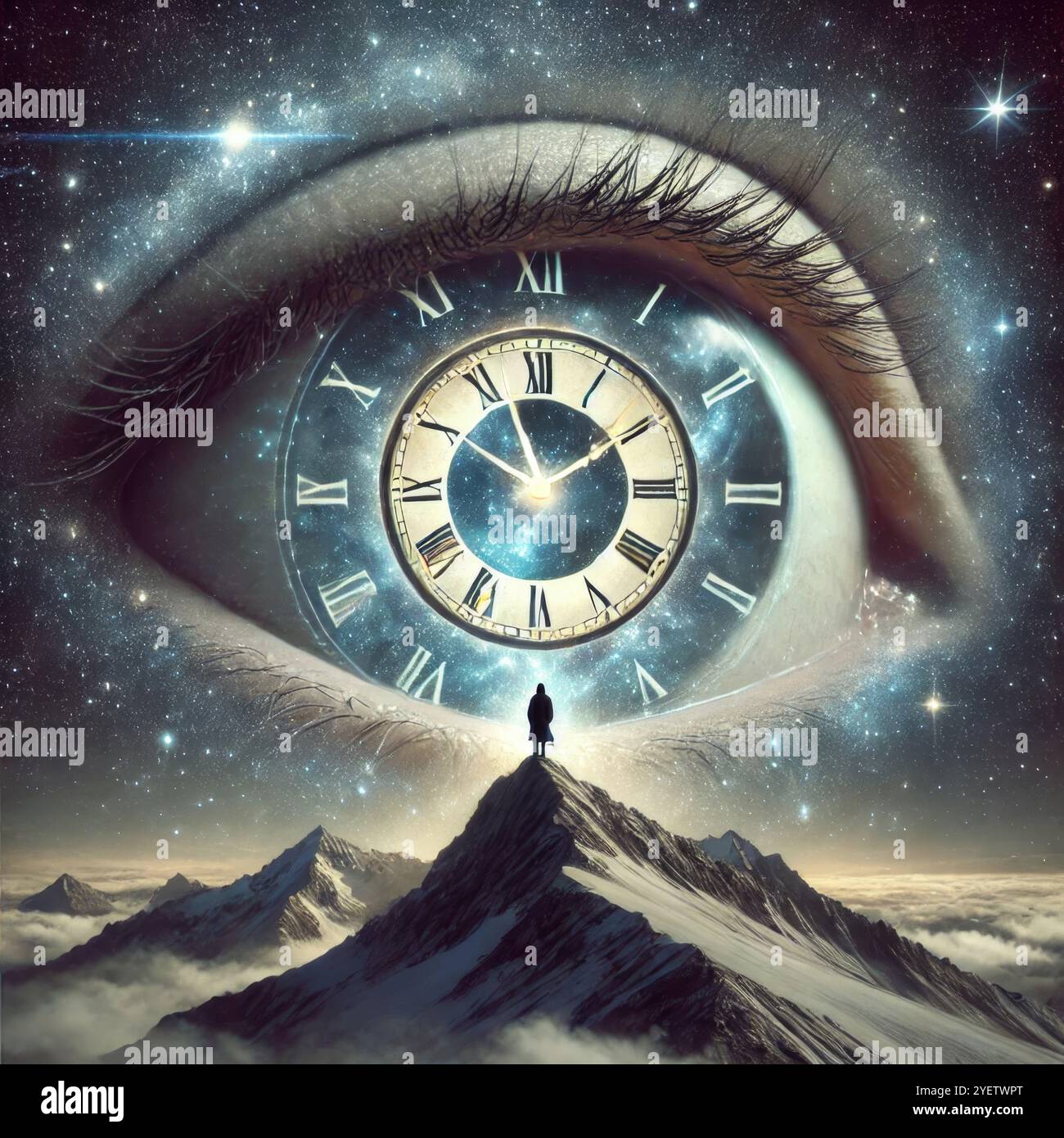 Surreal cosmic scene with eye clock and man on mountain peak. A Journey ...