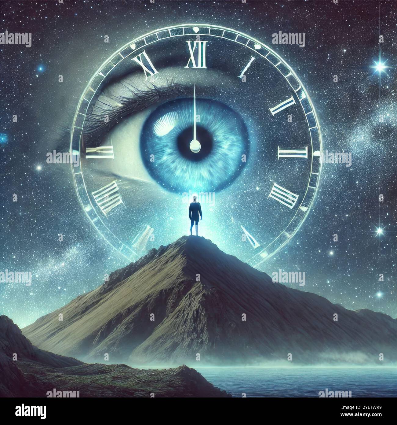 Surreal cosmic scene with eye clock and man on mountain peak. A Journey ...