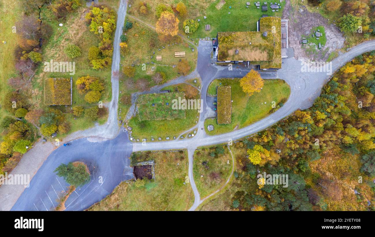 Aerial view of a rural area with buildings featuring green roofs ...