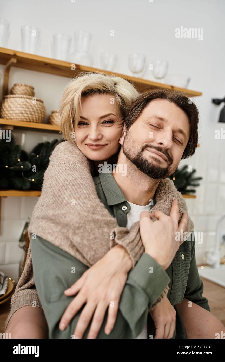 A loving couple shares a tender embrace, radiating happiness and warmth ...