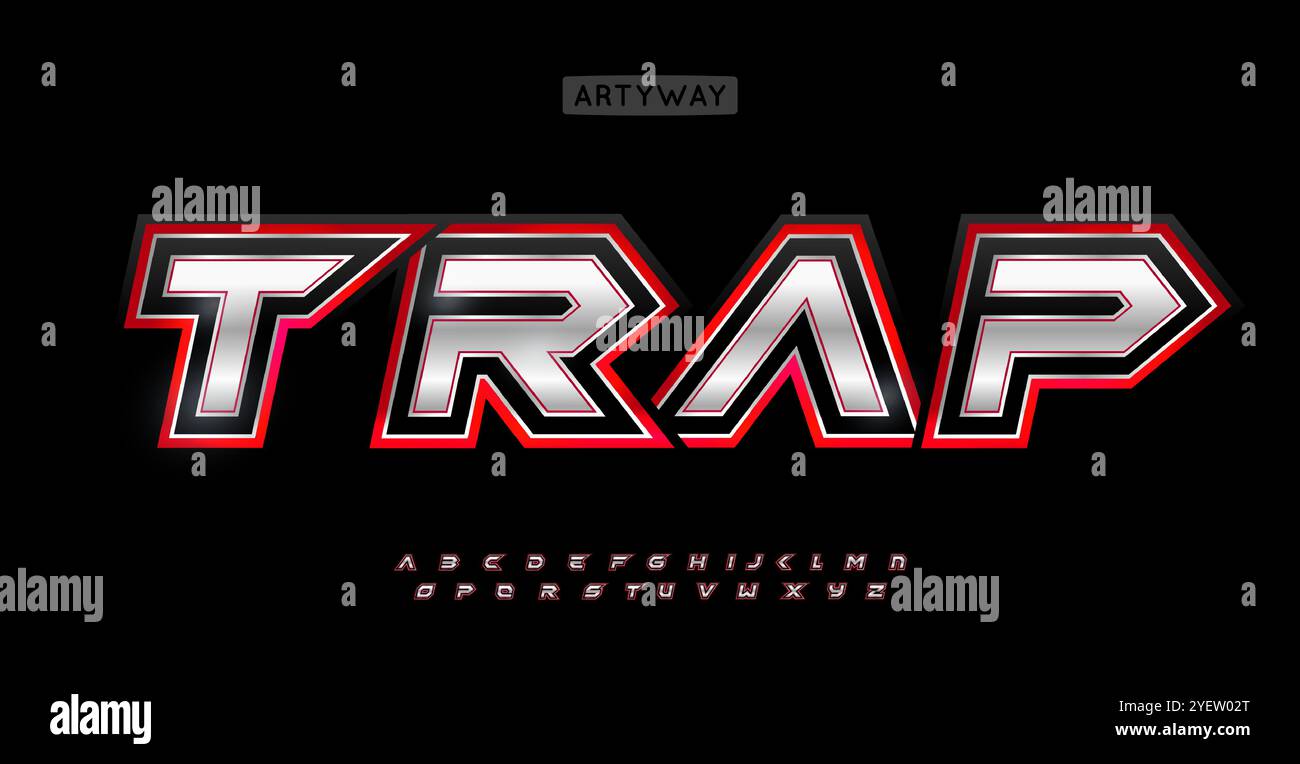 Edgy cyber alphabet, 3D bold angular letters with contour, metallic ...