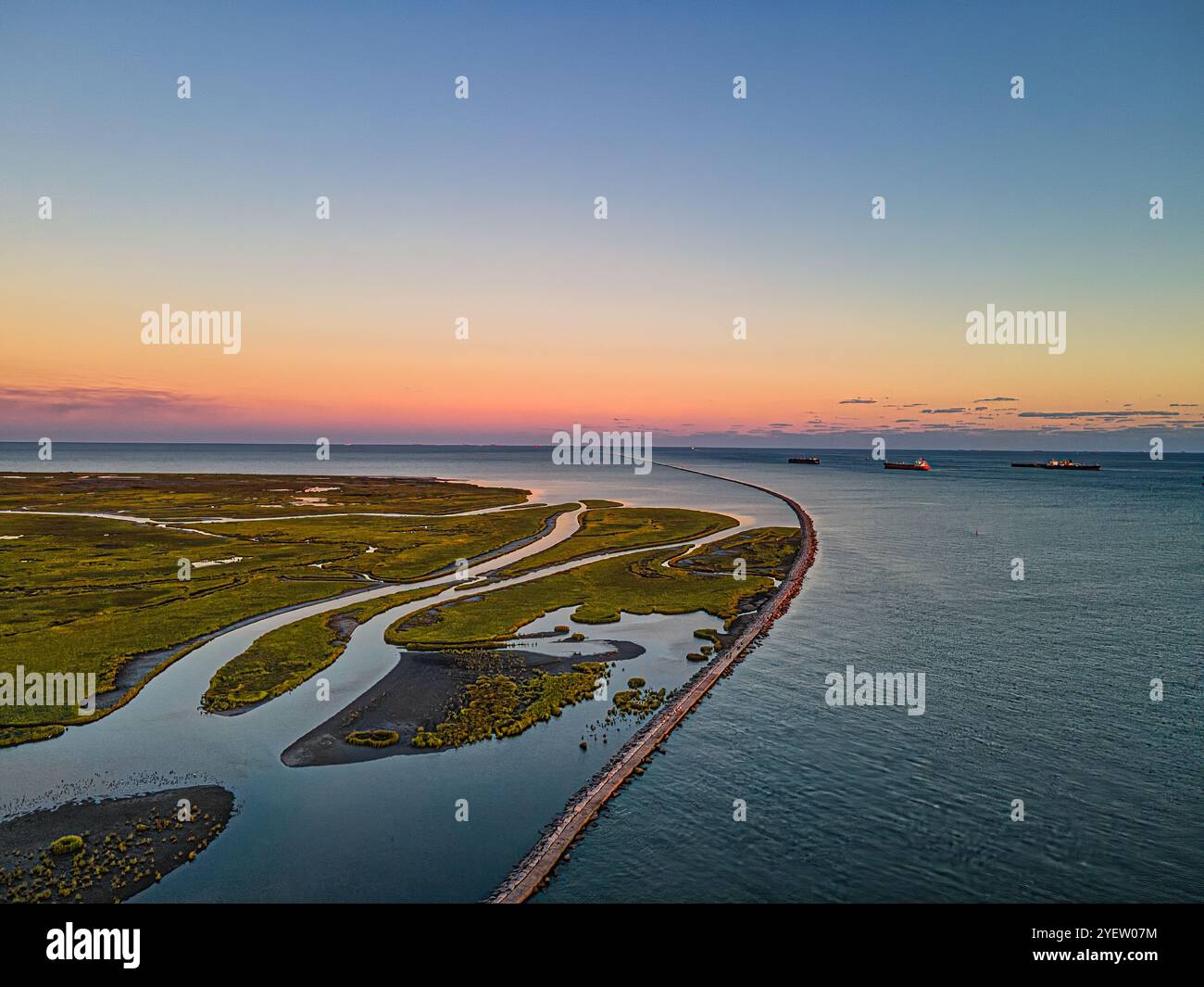 Aerial view of Galveston's North Jetty looking out to the Gulf of ...