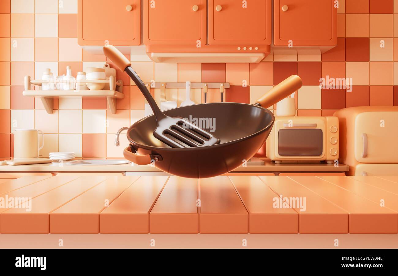 Cookware in the kitchen room with cartoon style, 3d rendering. 3D ...