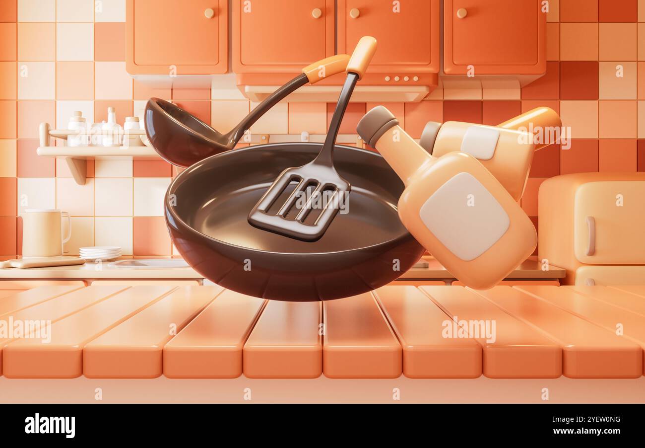 Cookware in the kitchen room with cartoon style, 3d rendering. 3D ...