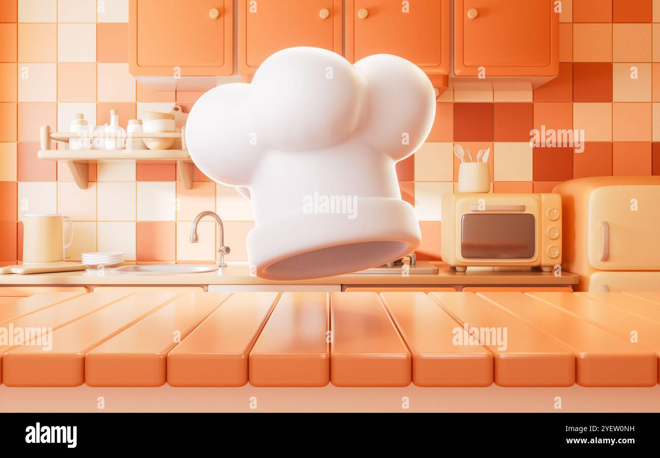 Chef hat in the kitchen room with cartoon style, 3d rendering. 3D ...