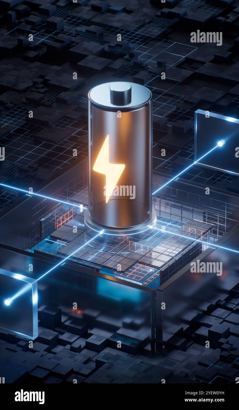 Battery with technological circuit background, 3d rendering. 3D ...