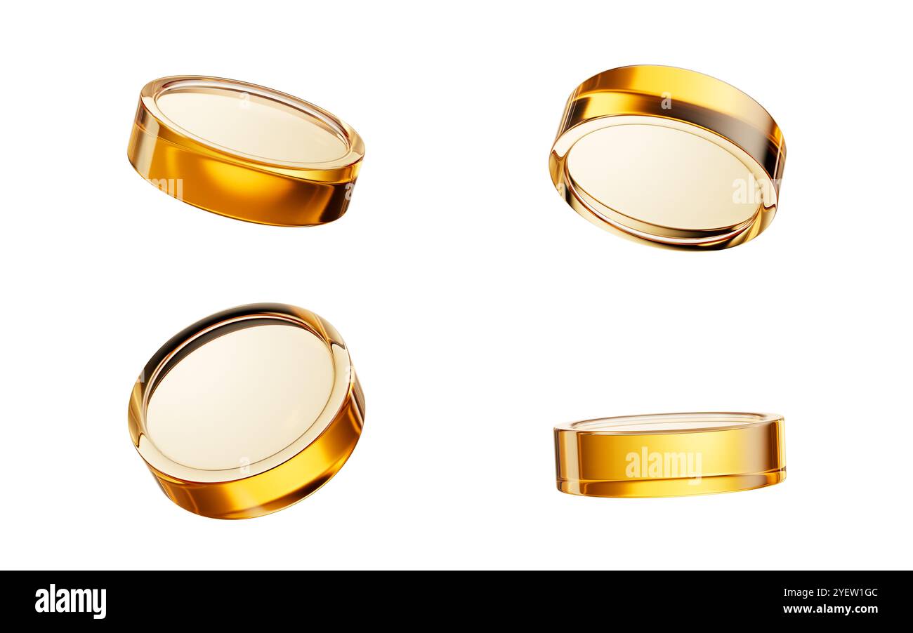 Single transparent golden glass coin, 3d rendering. 3D illustration ...