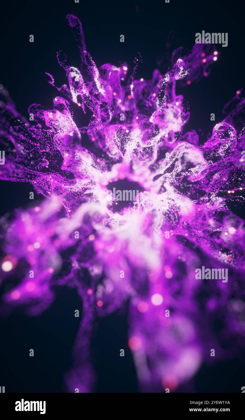 Purple flowing particles with explosive wave effect, 3d rendering. 3D ...