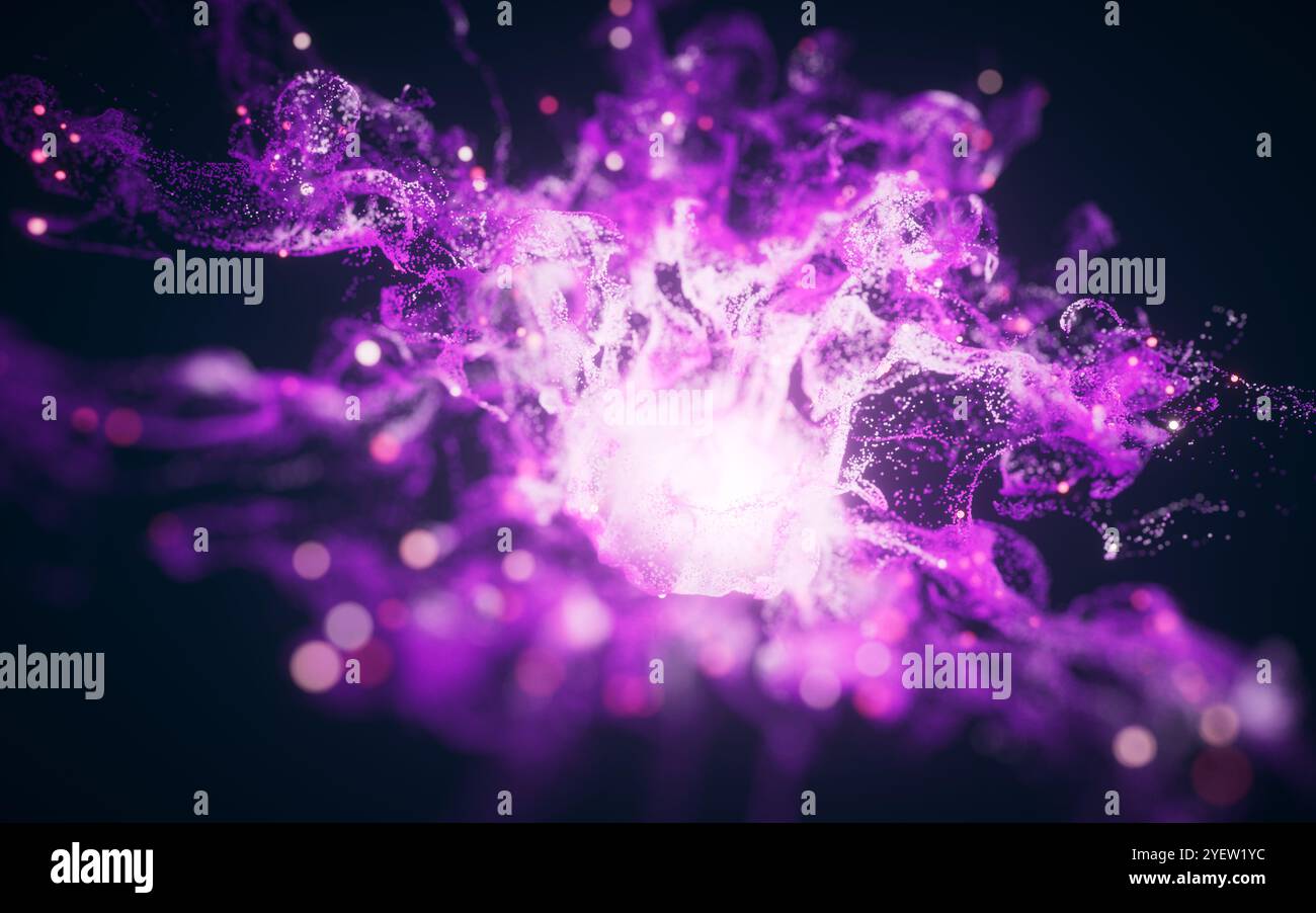 Purple flowing particles with explosive wave effect, 3d rendering. 3D ...