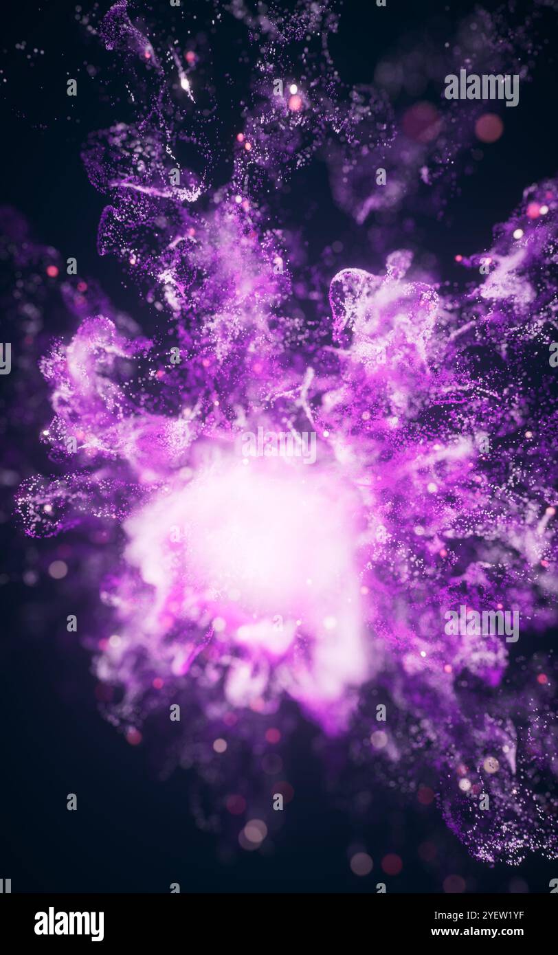Purple flowing particles with explosive wave effect, 3d rendering. 3D ...