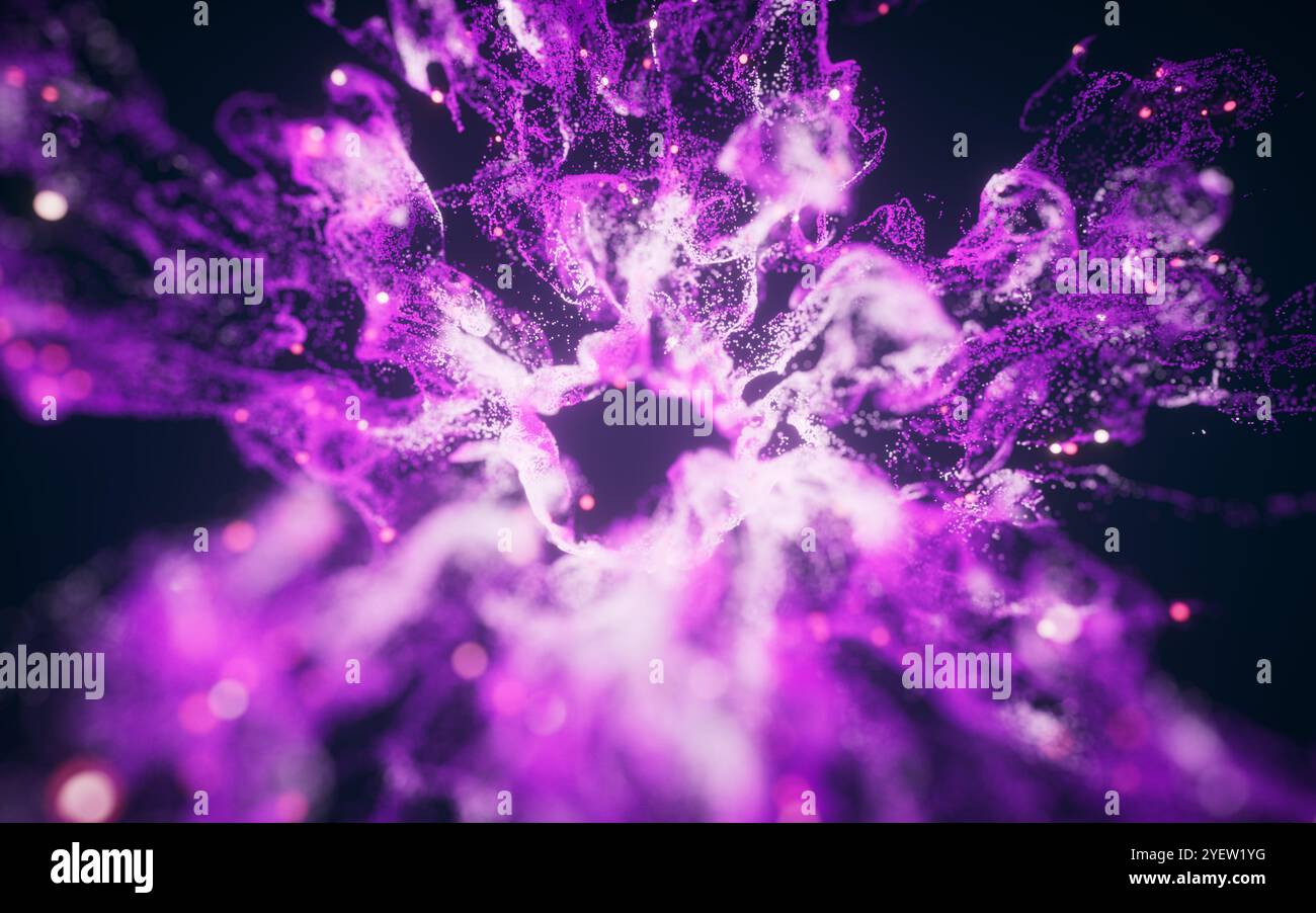 Purple flowing particles with explosive wave effect, 3d rendering. 3D ...