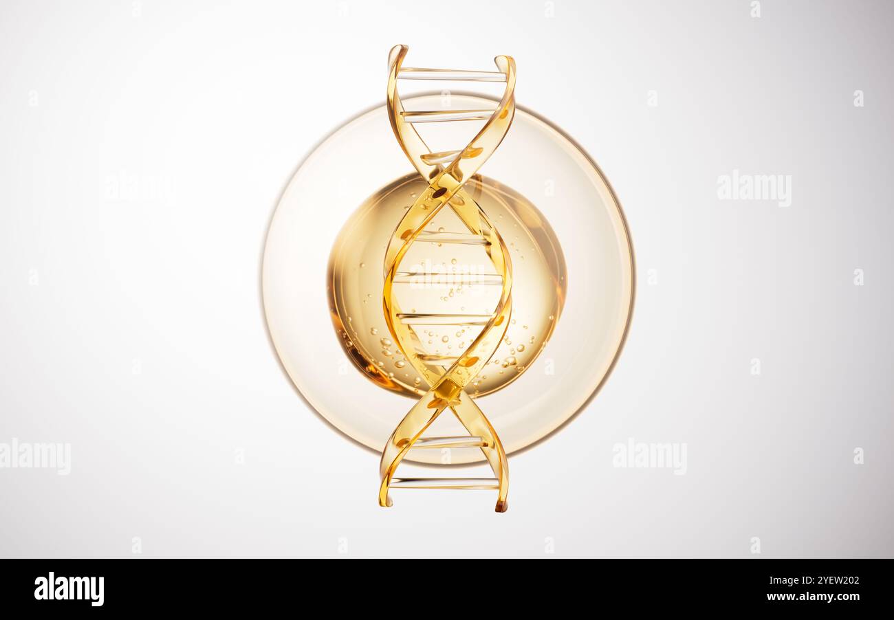DNA and golden liquid bubble, 3d rendering. 3D illustration Stock Photo ...