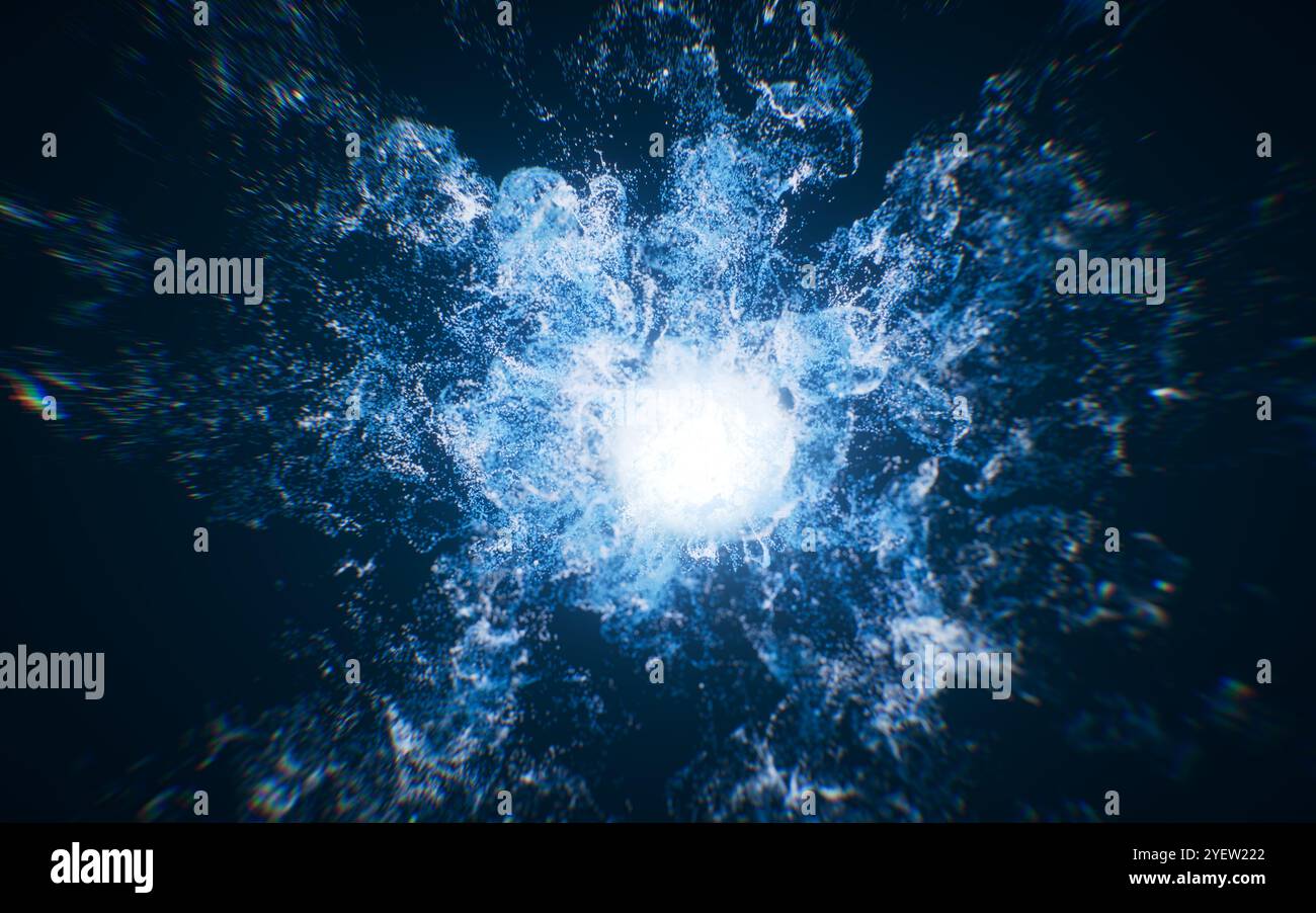 Blue flowing particles with explosive wave effect, 3d rendering. 3D ...