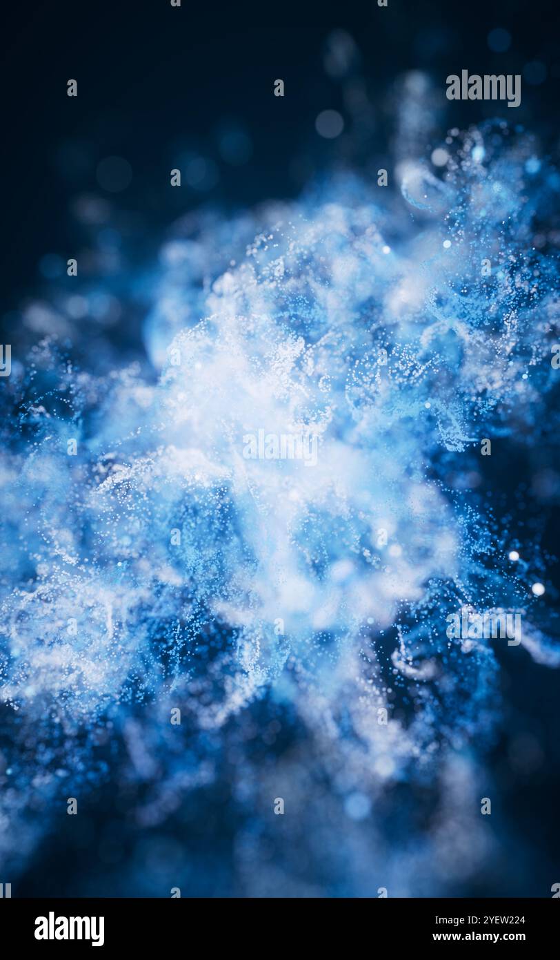 Blue flowing particles with explosive wave effect, 3d rendering. 3D ...