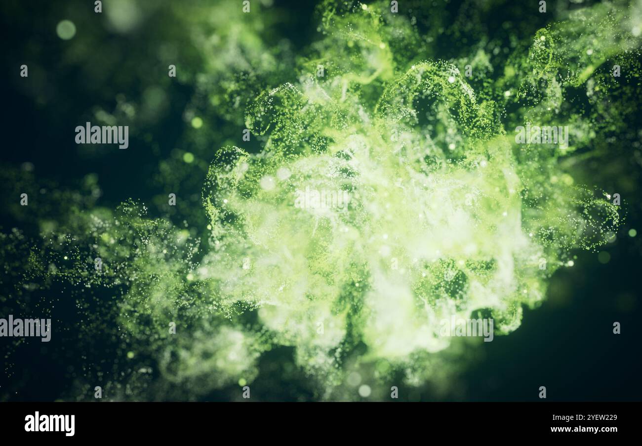 Green flowing particles with explosive wave effect, 3d rendering. 3D ...