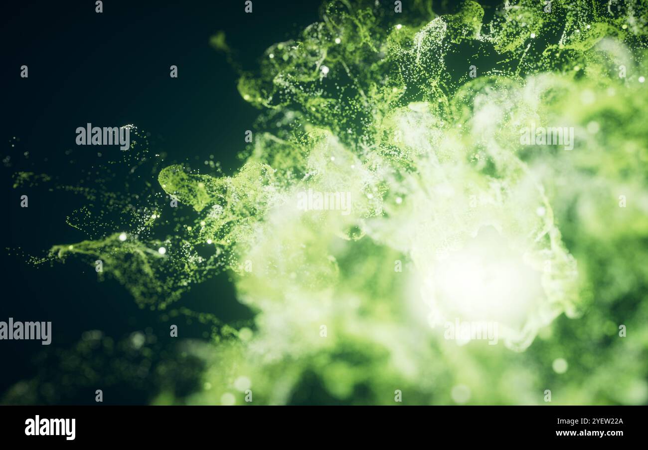 Green flowing particles with explosive wave effect, 3d rendering. 3D ...