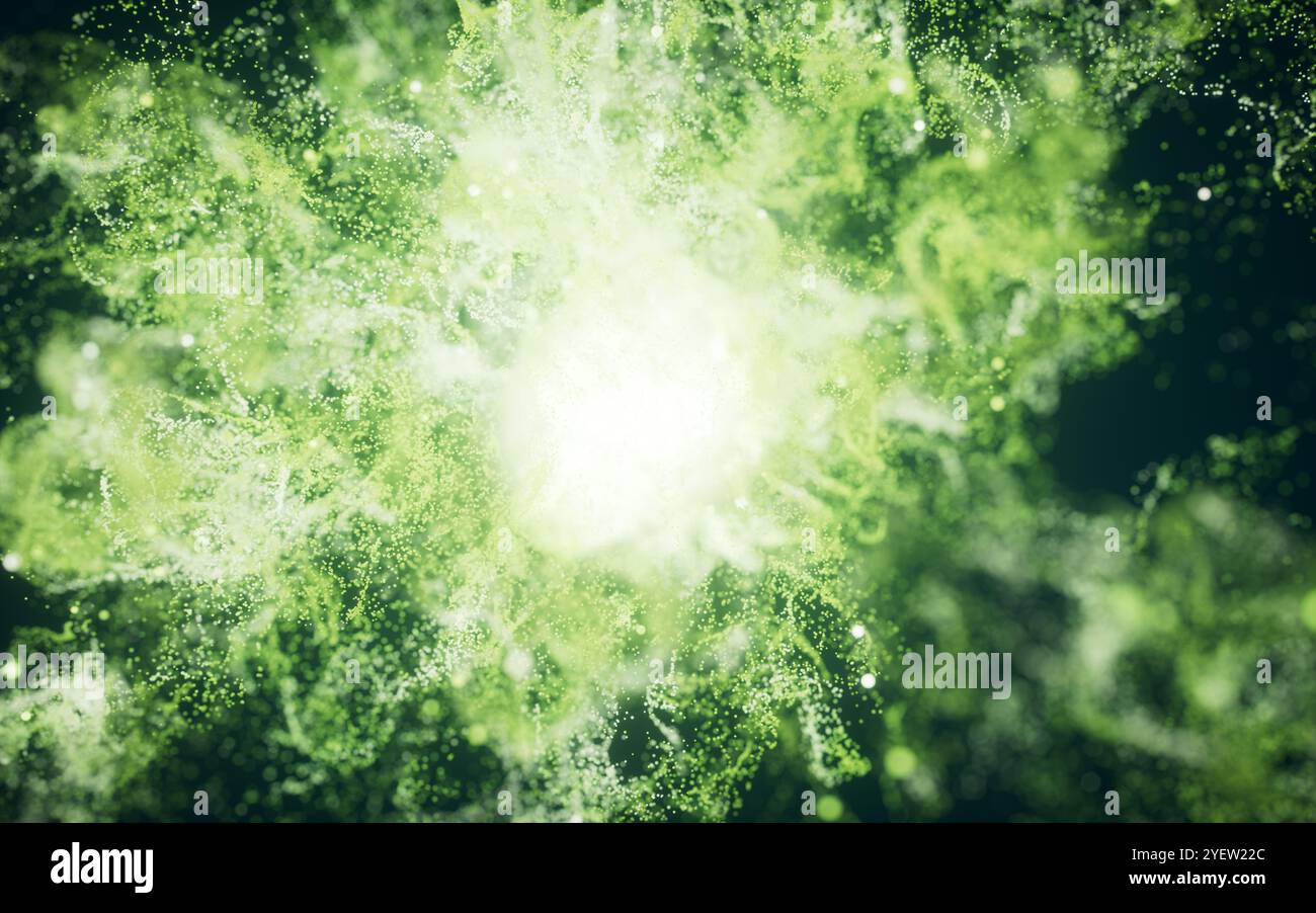 Green flowing particles with explosive wave effect, 3d rendering. 3D ...