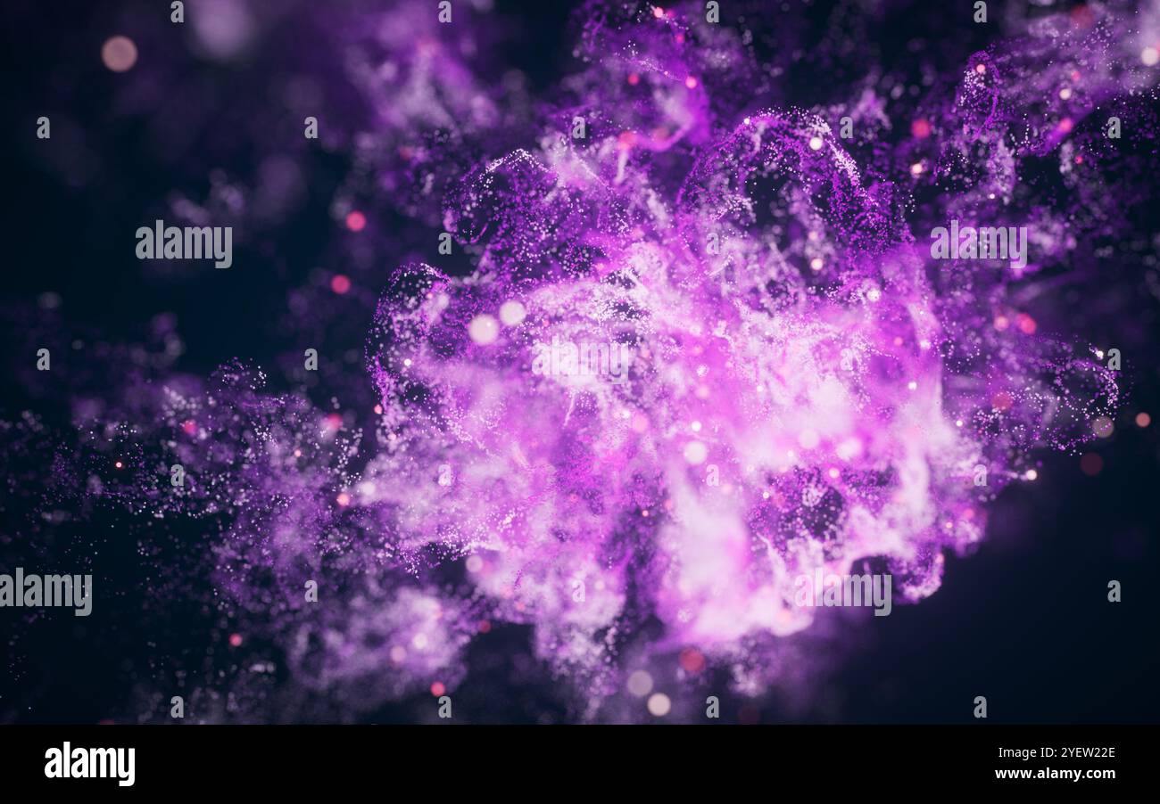Purple flowing particles with explosive wave effect, 3d rendering. 3D ...