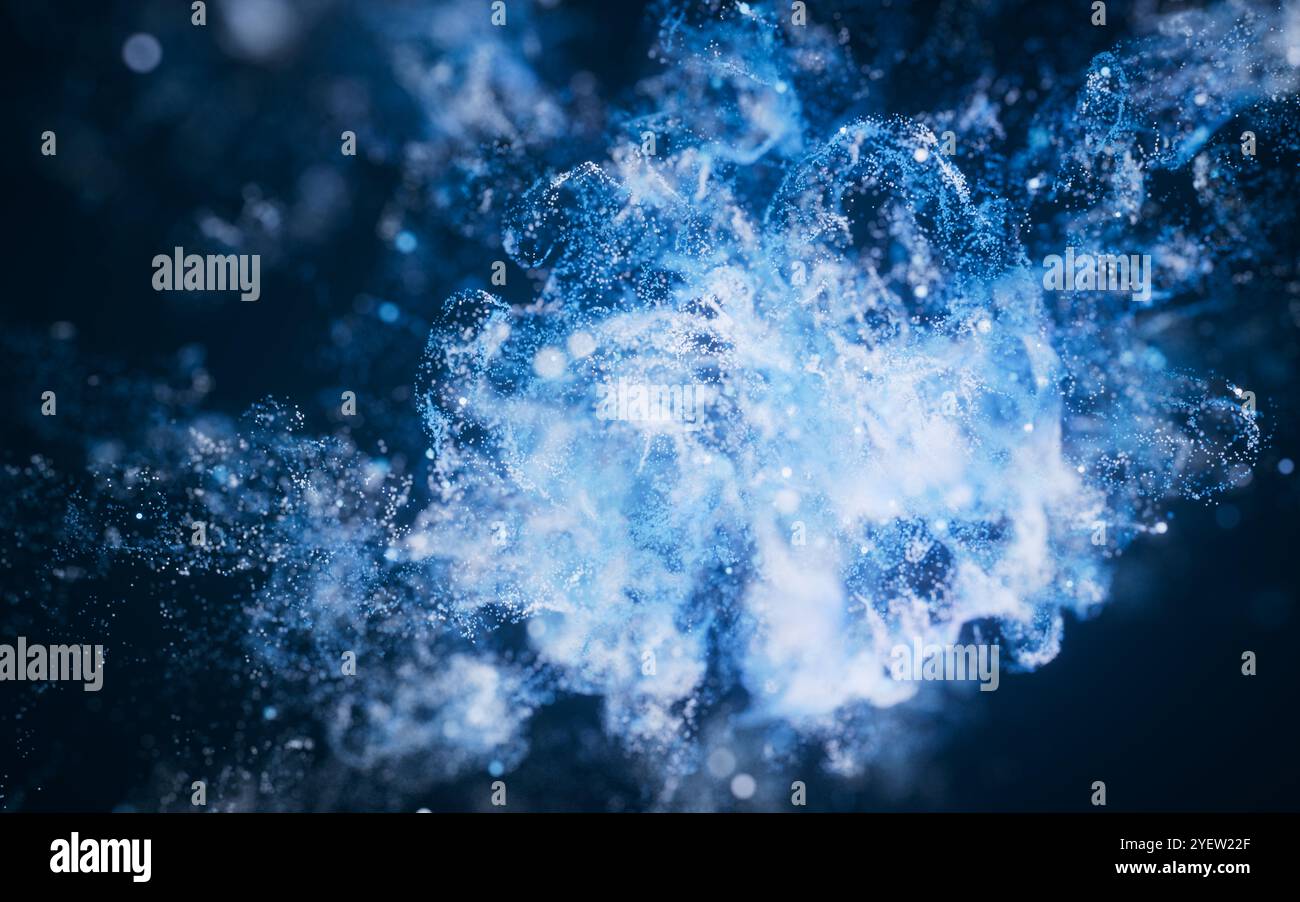 Blue flowing particles with explosive wave effect, 3d rendering. 3D ...