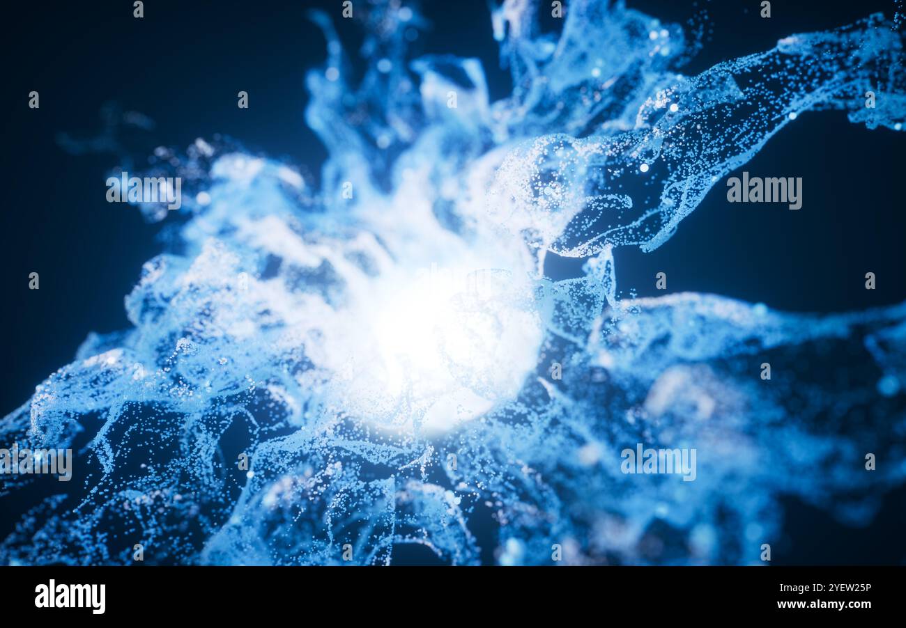 Blue flowing particles with explosive wave effect, 3d rendering. 3D ...
