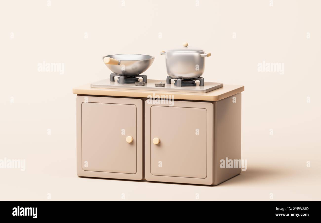 Cartoon style kitchen gas stove and cabinet, 3d rendering. 3D ...