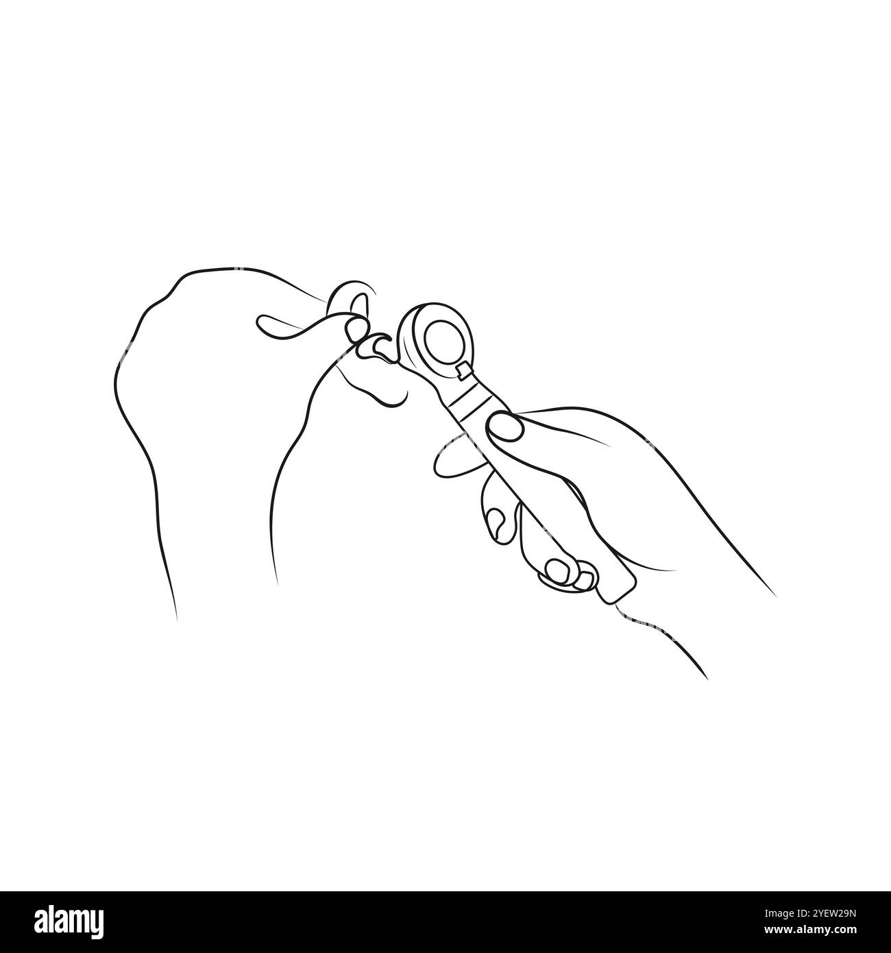 Doctor checking ears with otoscope. Medical examination. Line art ...