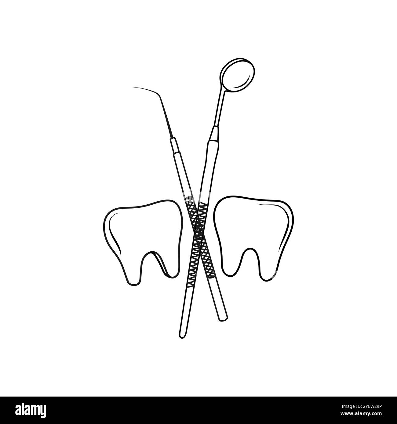 Teeth and dental instruments. Line art. Dental health care concept ...