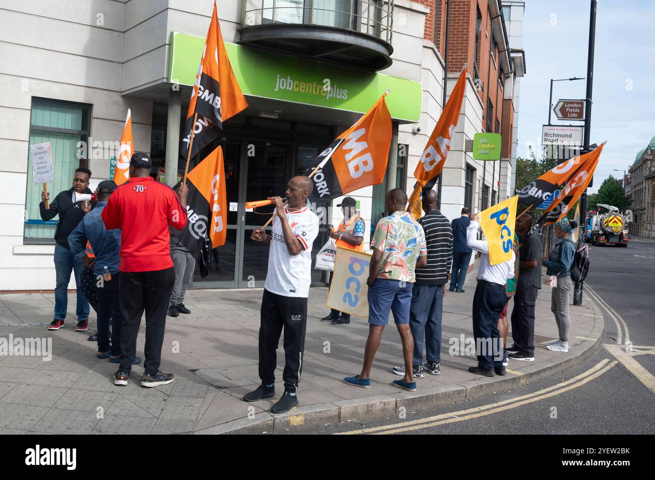 London, Hackney. Protest by workers, members of the GMB trade union, at ...