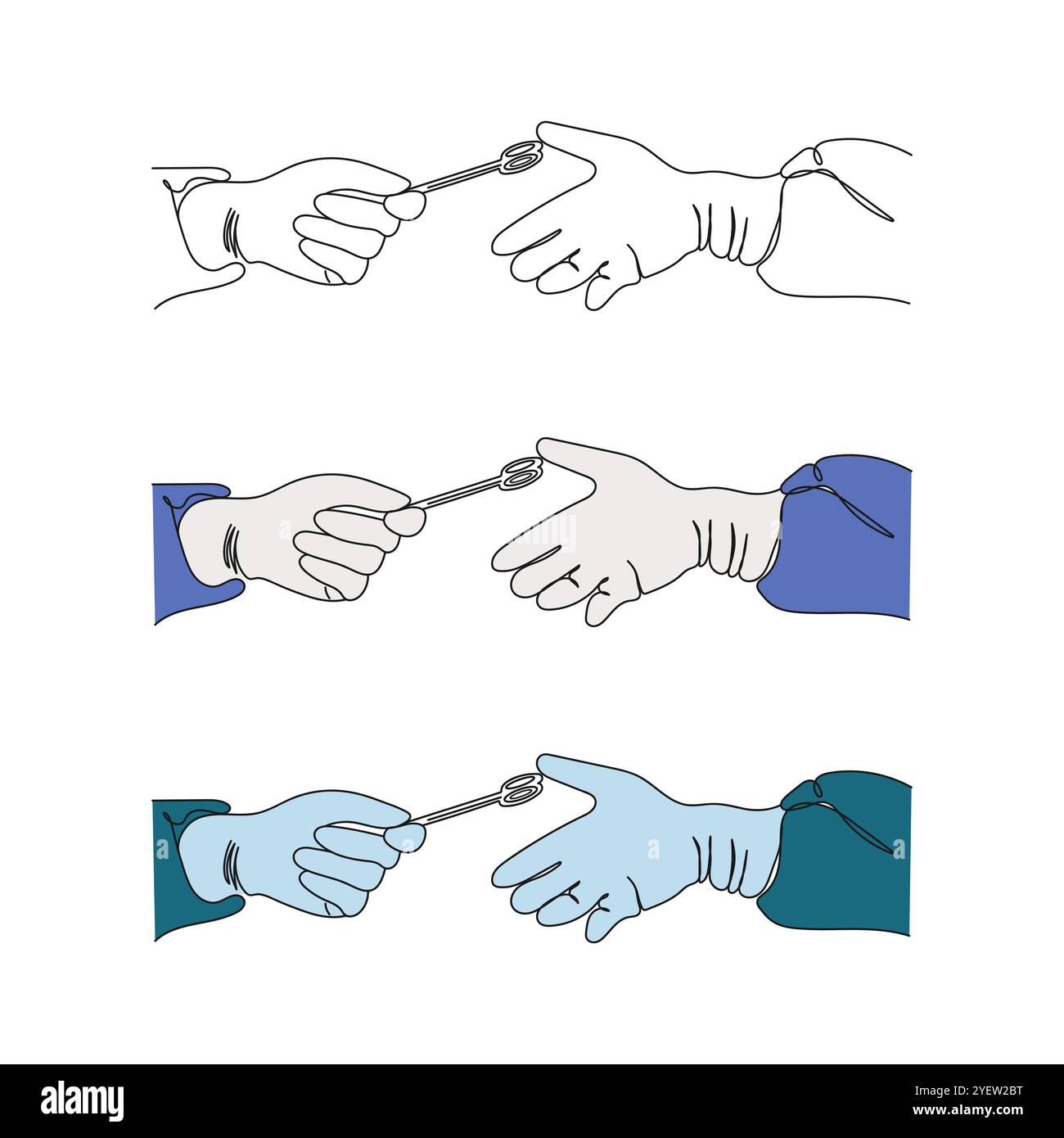 Gloved hand of assistant giving instrument to surgeon. Line art ...