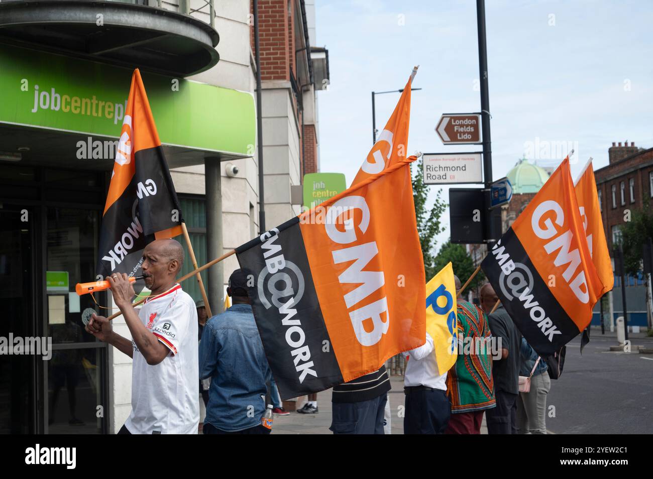London, Hackney. Protest by workers, members of the GMB trade union, at ...