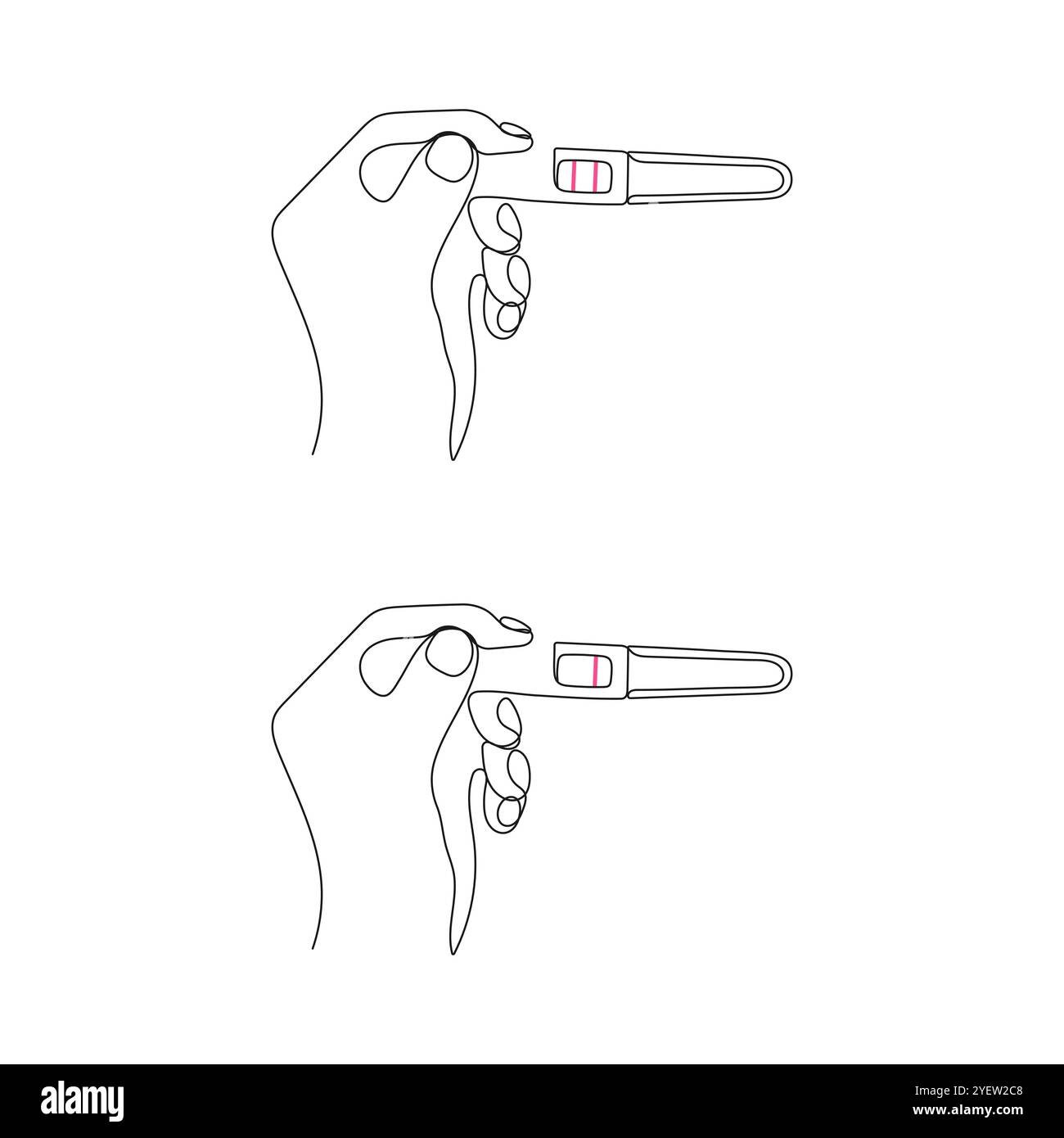 Woman holding a HCG pregnancy test. One line art. Negative and positive ...