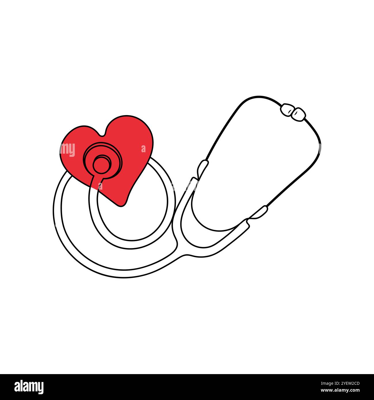 Medical stethoscope with red heart. Line art. Equipment for examining ...