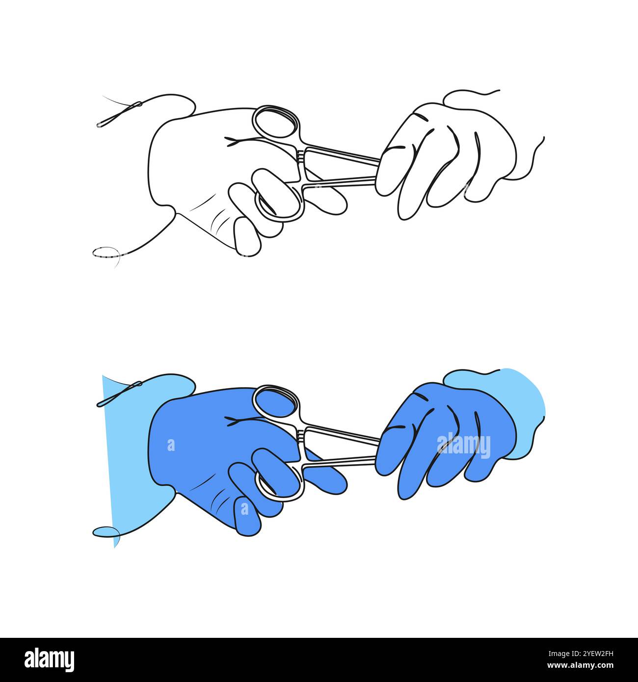 Assistant's gloved hand giving instrument to surgeon. Line art. Surgery ...