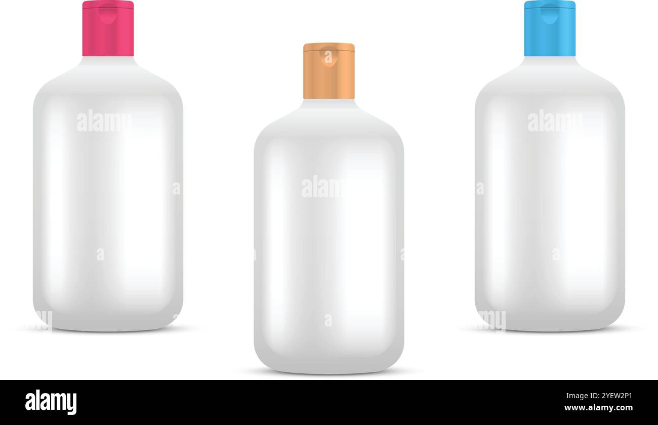 Set of blank cosmetic bottles with color caps. Realistic mockup. Luxury ...