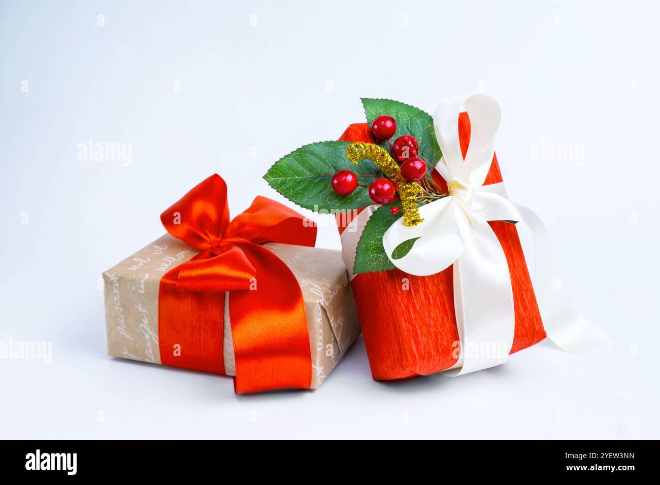 boxes with gifts in beautiful wrappers on a white background Stock ...