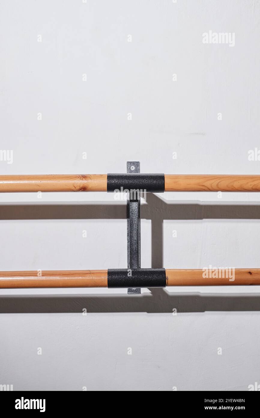Vertical shot of professional barre for practicing ballet positions and ...