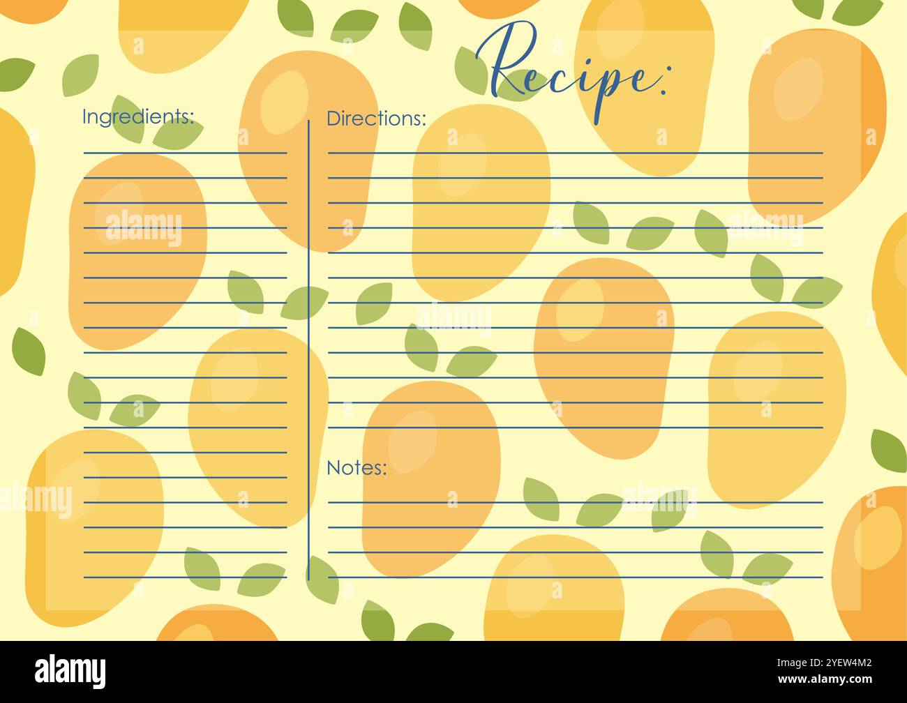 Recipe card template - fruits dishes. Juicy mango cooking list. Cartoon ...