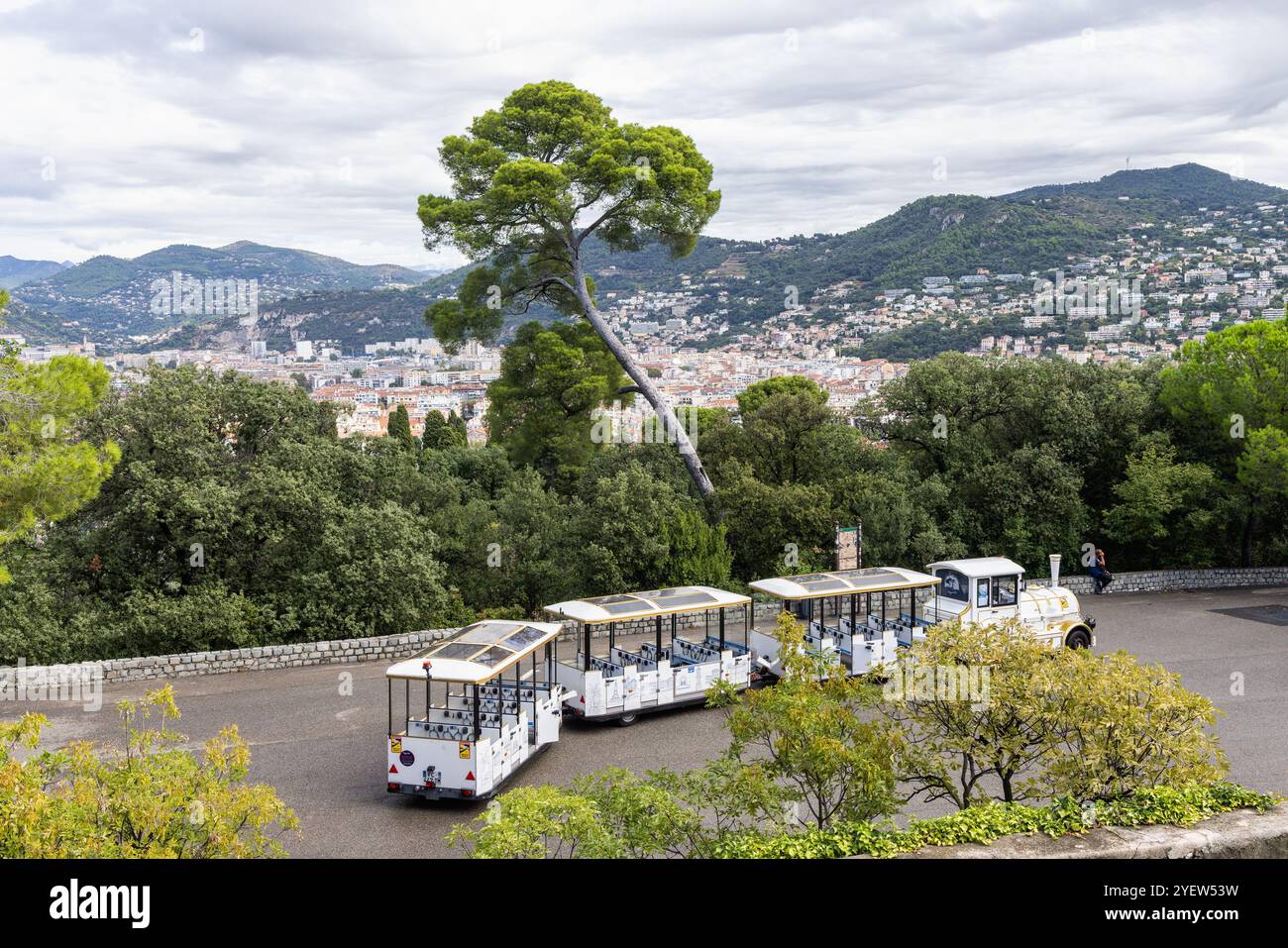 Tourist train parked at the top of Castle Hill in Nice France, Alpes ...