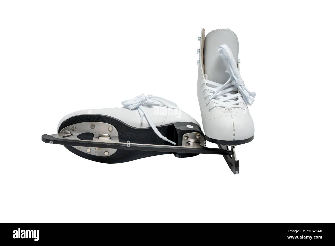 On a white background there are two pairs of ice skates with white ...