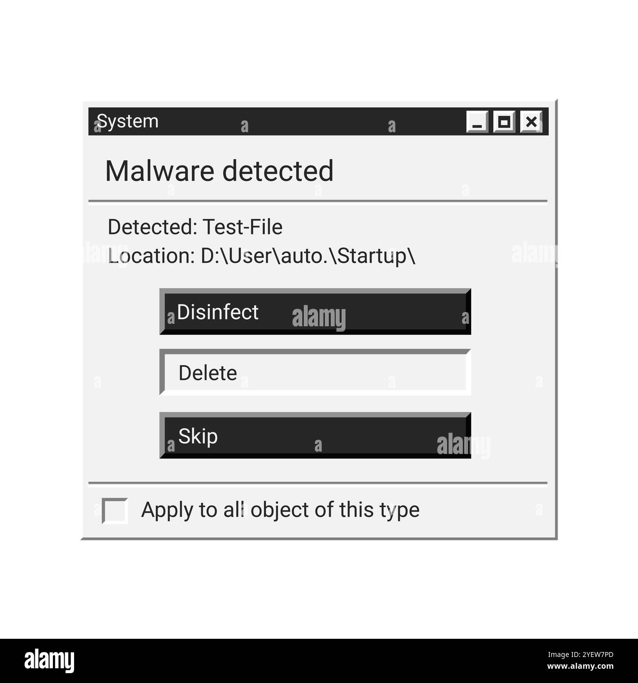Old antivirus window in black style. Virus detected message in retro ...