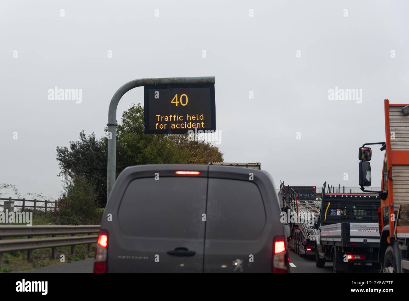 Queuing traffic on the M11 motorway caused by a car crash near Harlow ...