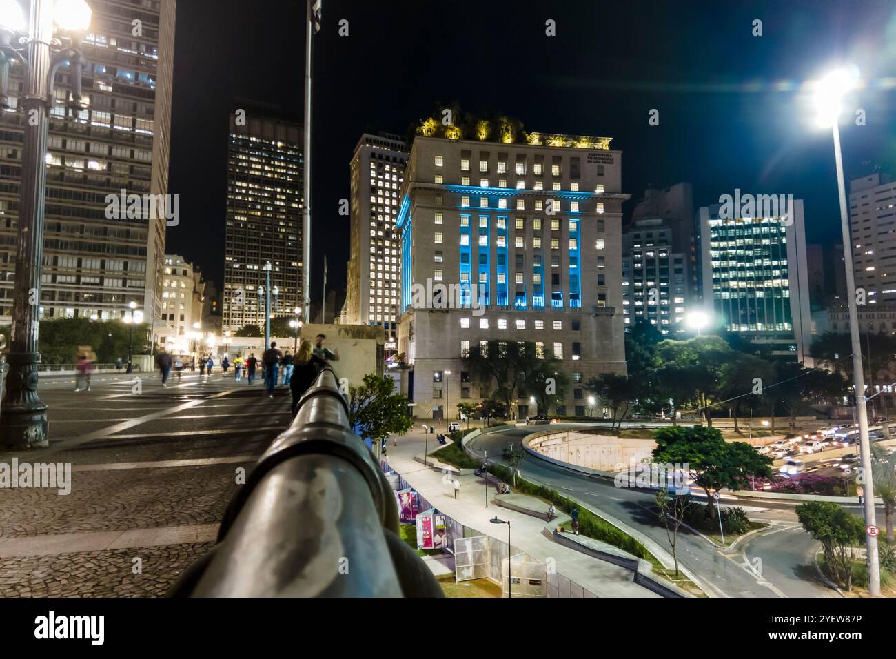 Sao Paulo, Brazil, July 26, 2024. Night view of the Cha Viaduct with ...