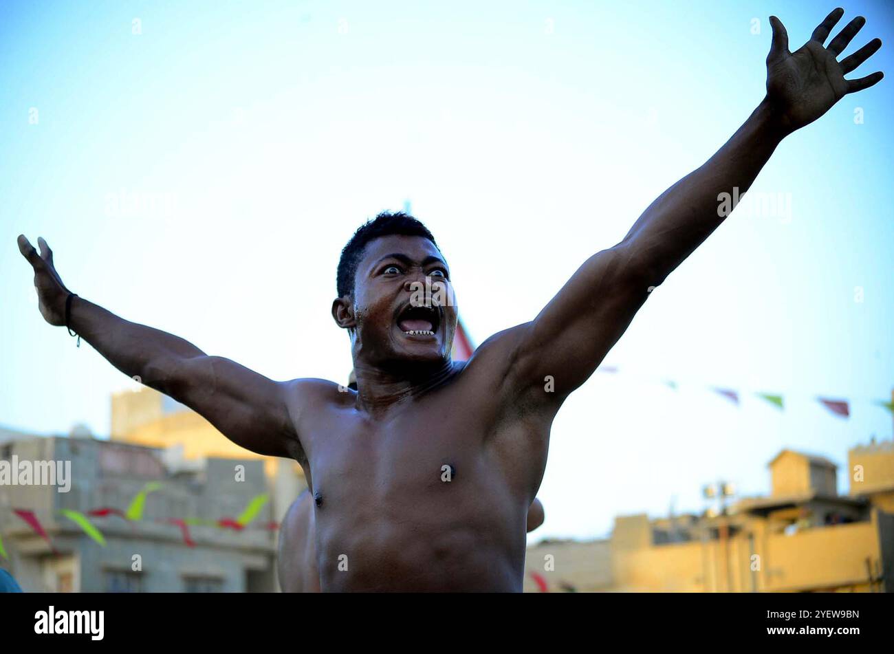 Wrestlers in action during the Sindh traditional wrestling Malh on the ...